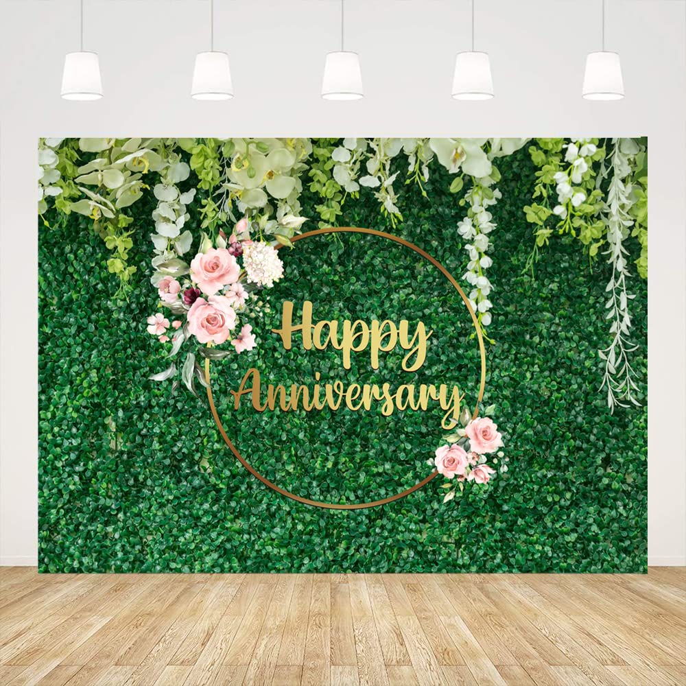 Ticuenicoa 7x5ft Green Grass Wall Floral Happy Anniversary Backdrop for Flower Love Cheers to 10 Years 50th Wedding Birthday Party Supplies Decorations Banner Photo Booth Props Gifts Background