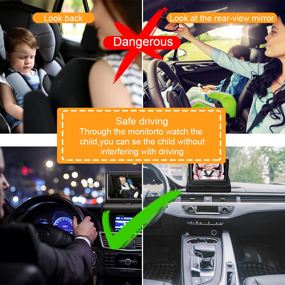 Baby Car Camera, 4.3" HD Night Vision Car Mirror Display, Car Seat Camera for Baby Rear Facing with Full Clear View, Easy to Observe Baby's Movements