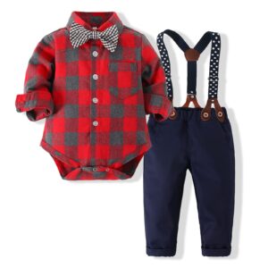 kimocat baby boys gentleman outfits suits long sleeve shirt suspenders pants bow tie clothes set (red plaid, 18-24 months)