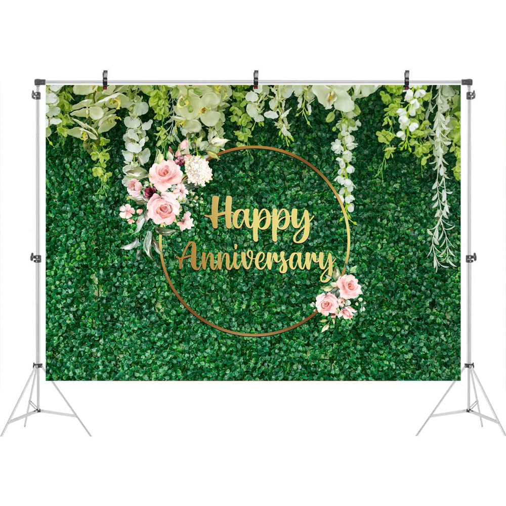 Ticuenicoa 7x5ft Green Grass Wall Floral Happy Anniversary Backdrop for Flower Love Cheers to 10 Years 50th Wedding Birthday Party Supplies Decorations Banner Photo Booth Props Gifts Background