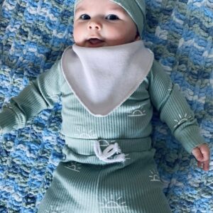 Infant Baby Boy Clothes Ribbed Knitted Sun Print Long Sleeve Romper Tops + Pants + Hat 3 Pcs Outfits (3-6 Months) Light Green