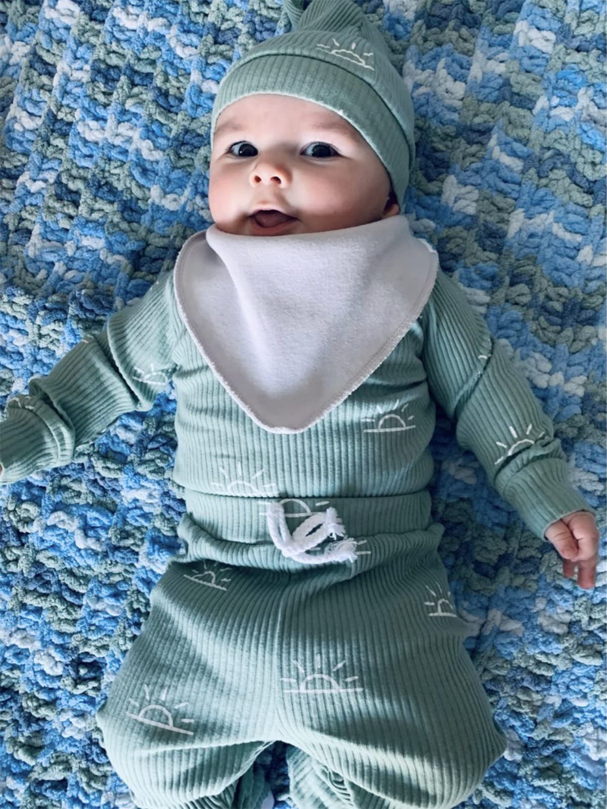 Infant Baby Boy Clothes Ribbed Knitted Sun Print Long Sleeve Romper Tops + Pants + Hat 3 Pcs Outfits (3-6 Months) Light Green