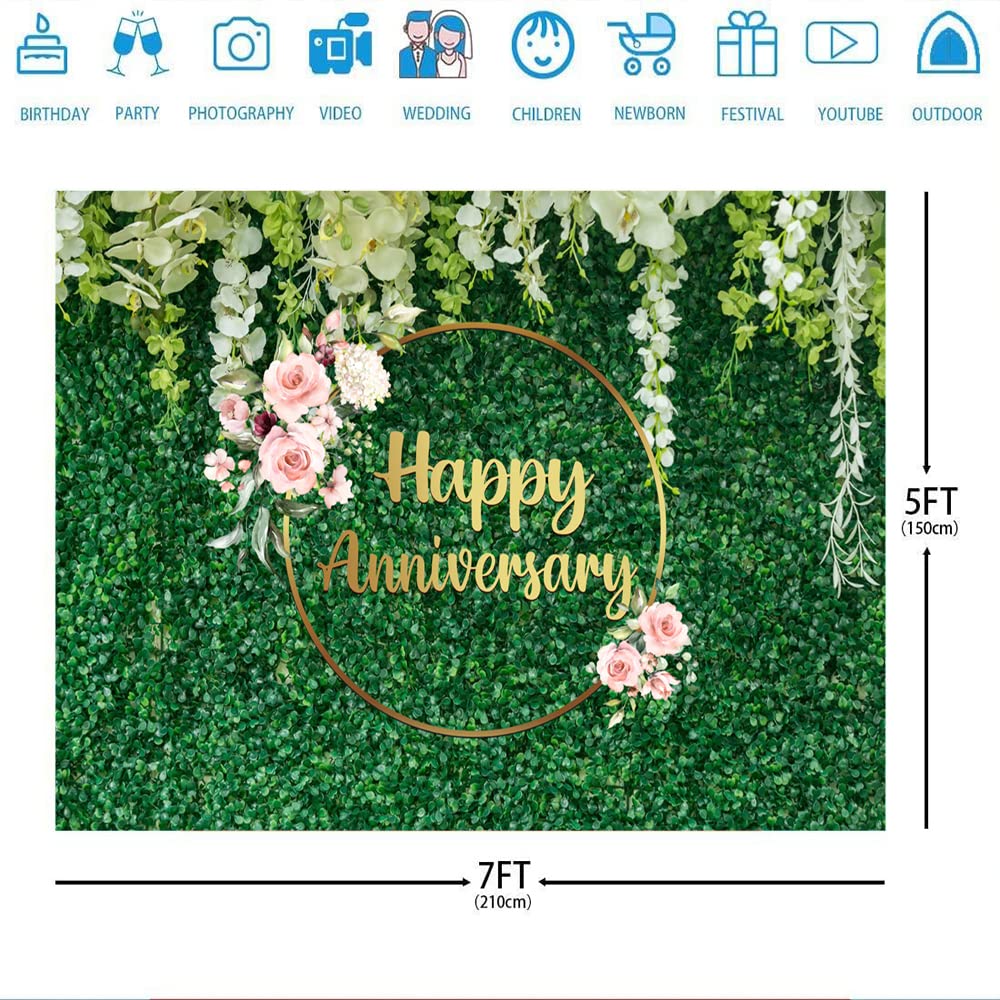 Ticuenicoa 7x5ft Green Grass Wall Floral Happy Anniversary Backdrop for Flower Love Cheers to 10 Years 50th Wedding Birthday Party Supplies Decorations Banner Photo Booth Props Gifts Background