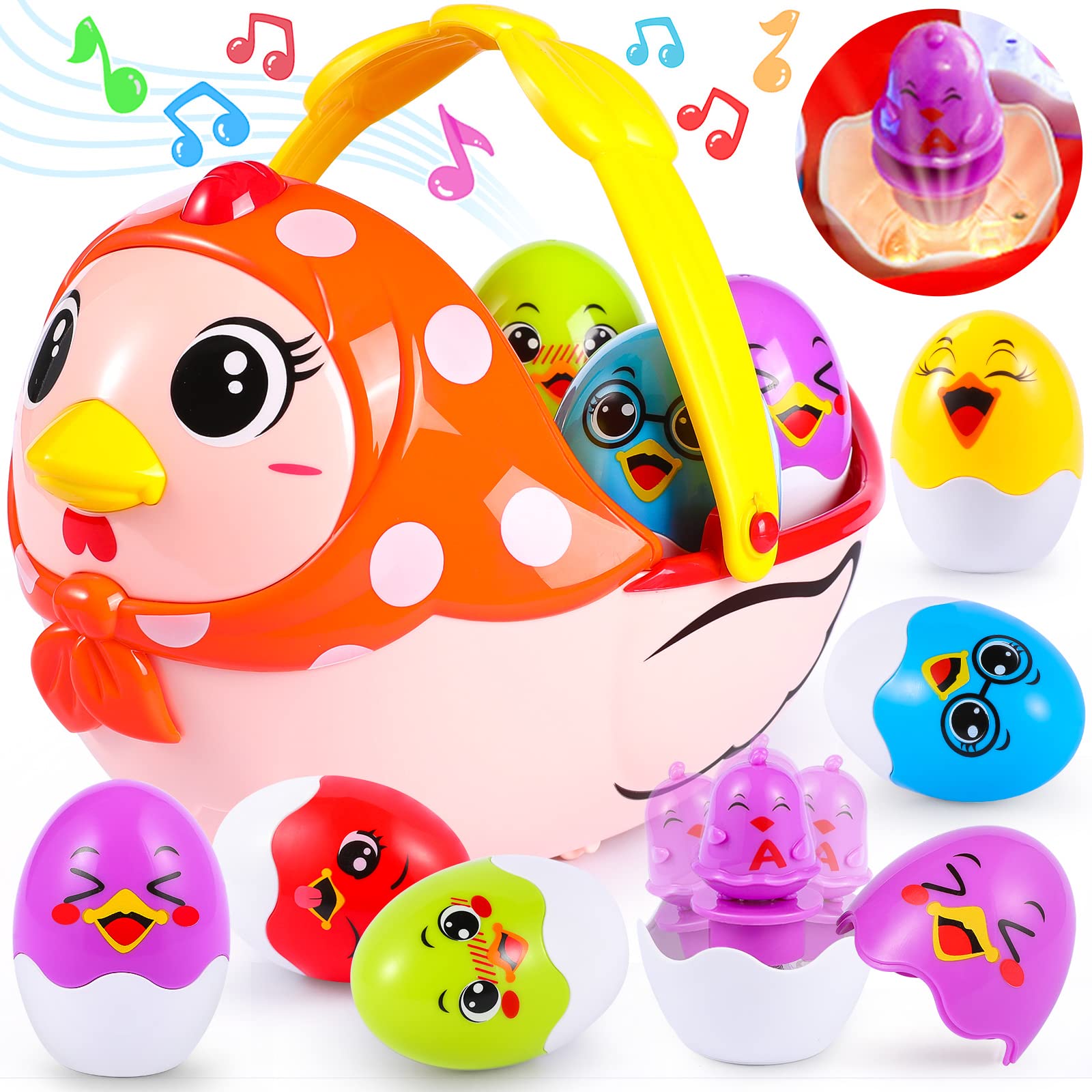 Hekaty Baby Easter Egg Toy Toddler Easter Basket Stuffers for 1 2 3 4 5 Year Old Boy Girl Interactive Chicken Toy Light Easter Gift Party Favor Musical Easter Egg Filler Baby Learning Educational Toy