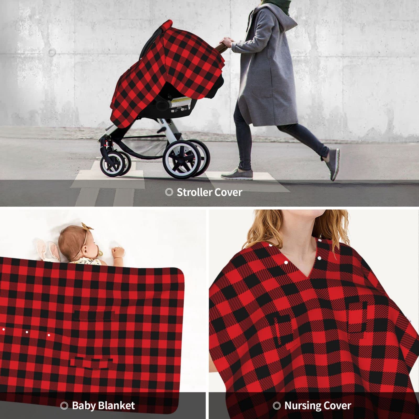 Black and Red Buffalo Check Plaid Christmas Baby Car Seat Canopy Cover Multi Use Nursing Cover for Newborn Car Seat Canopy Mom Nursing Breastfeeding Covers Newborn Shower Gift