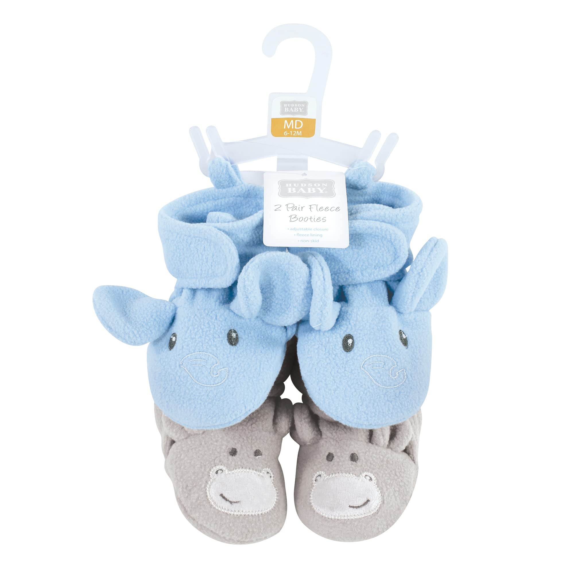 Hudson Baby Unisex-Baby Animal Fleece Booties 2-Pack Socks, Blue Elephant Hippo, 6-12 Months