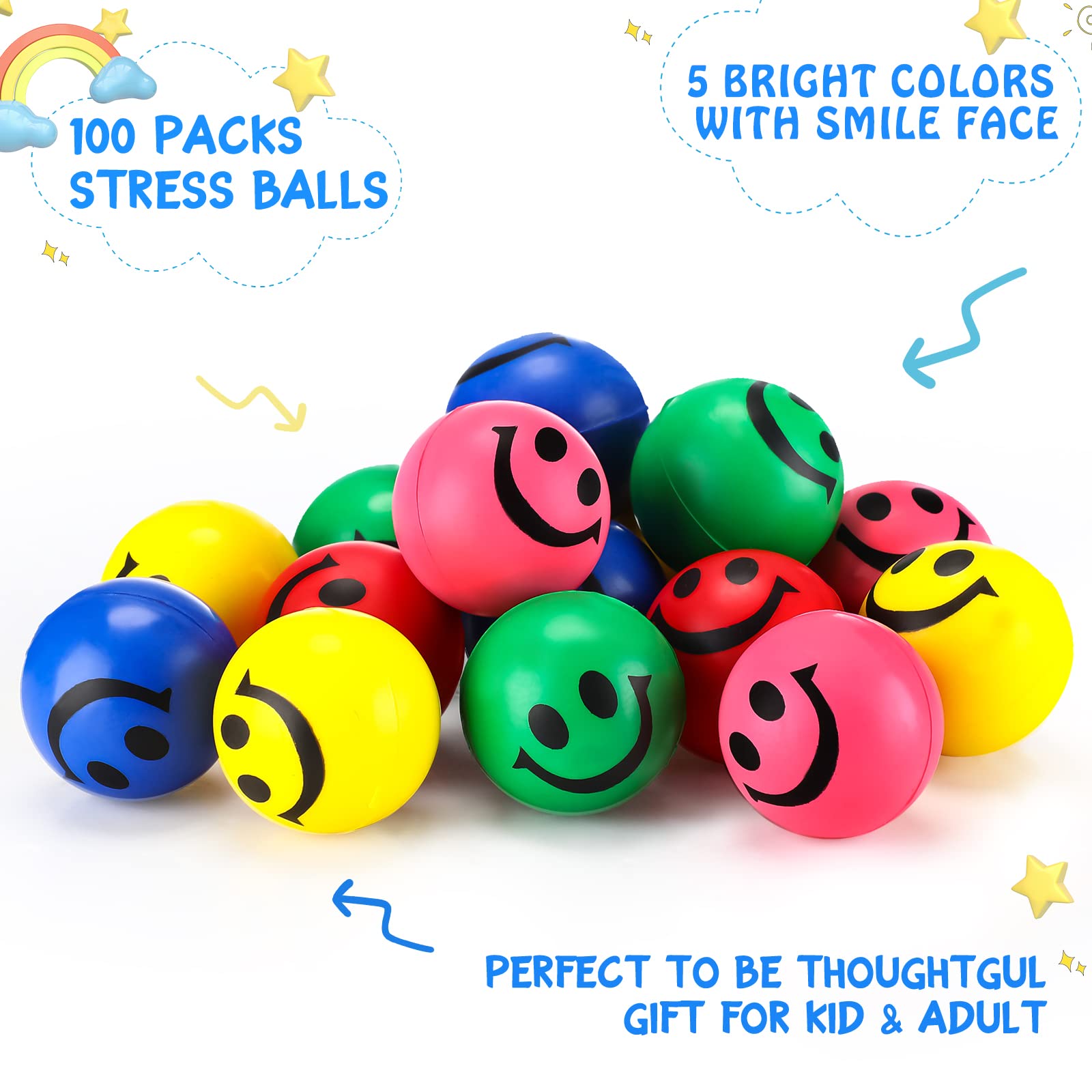 100 Pieces Smile Face Stress Balls for Kids and Adults Funny Stress Ball Foam Soft Colored Smile Ball Toys for Relief Stress Anxiety(Vivid Color)