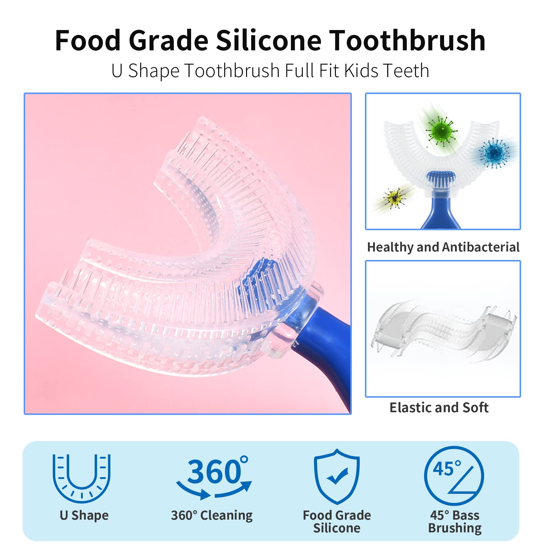 Zuzuxia U Shaped Toothbrush Kids Toothbrushes, Soft Food Grade Silicone Kids Toothbrushes U Shape Toothbrush for Kids Baby Toddler 360° U Toothbrush