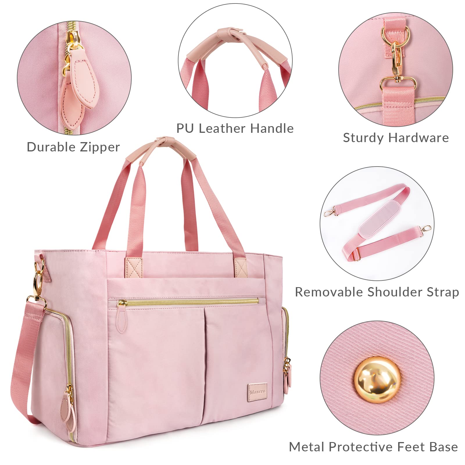 Mancro Breast Pump Bag Compatible for Spectra S1,S2, Medela Diaper Bag Tote with 3 Insulated Bottle Pockets, Pump Bag for Working Moms, Pink