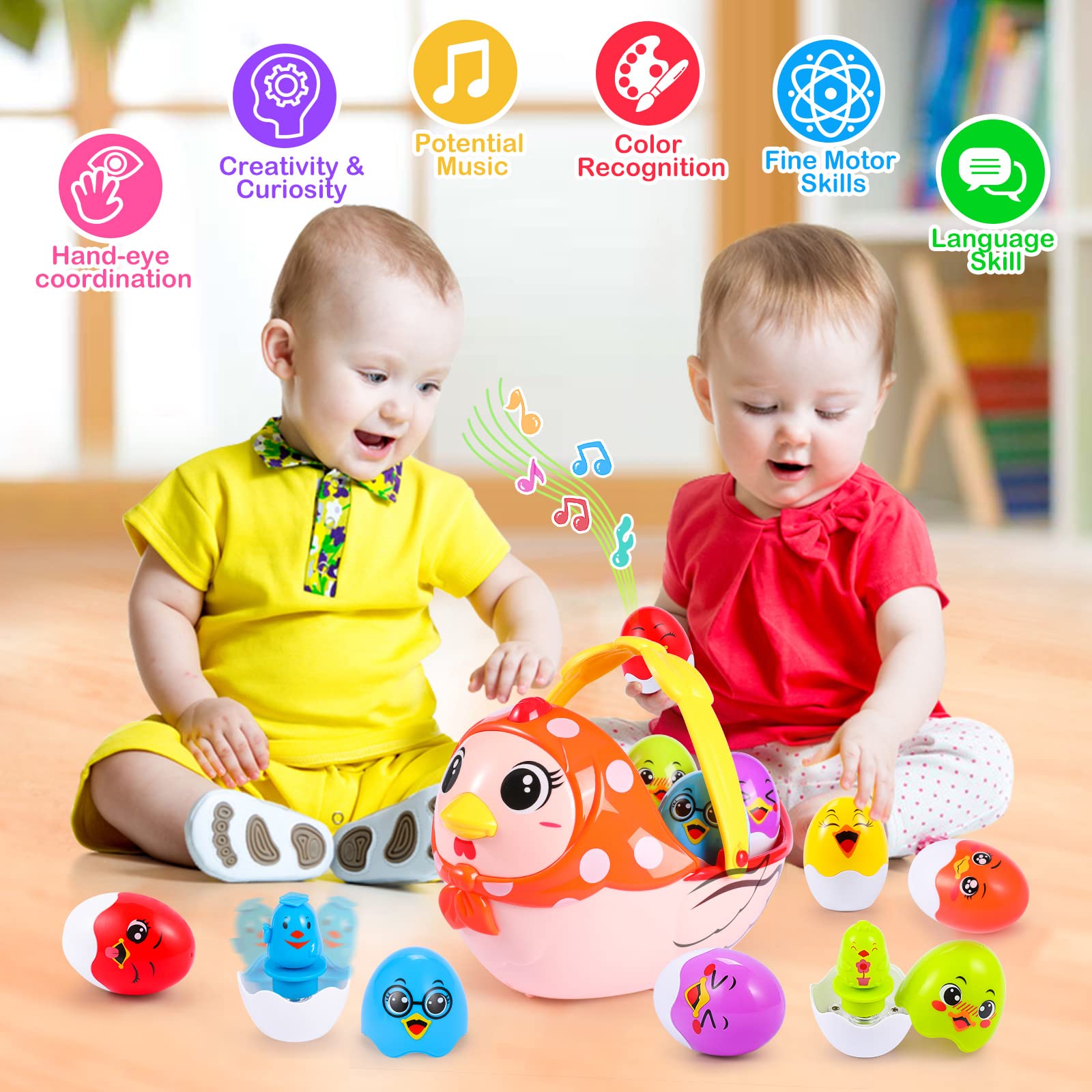 Hekaty Baby Easter Egg Toy Toddler Easter Basket Stuffers for 1 2 3 4 5 Year Old Boy Girl Interactive Chicken Toy Light Easter Gift Party Favor Musical Easter Egg Filler Baby Learning Educational Toy