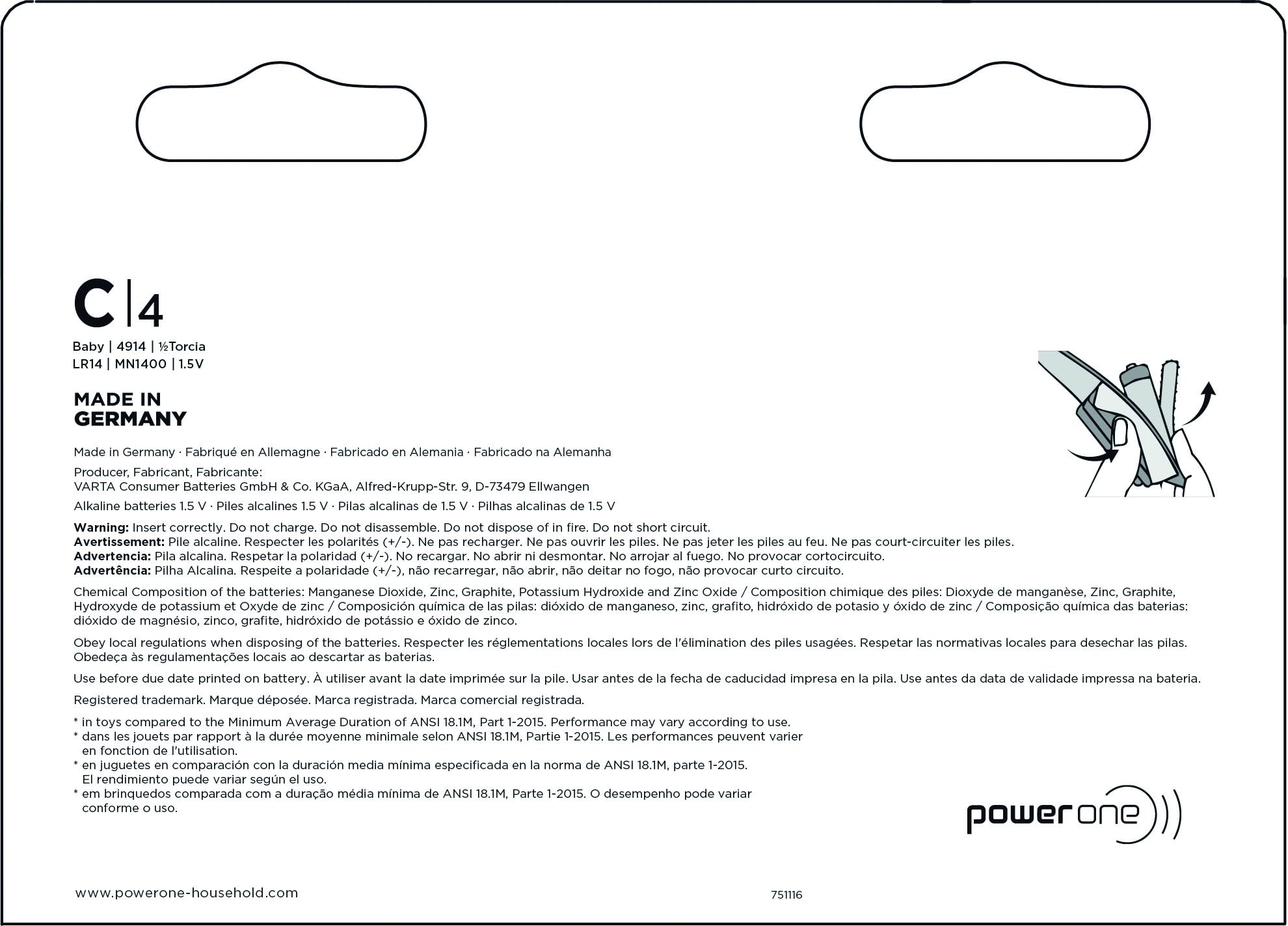 Power ONE LONGLIFE Power C Battery | Long Performing Alkaline Batteries Made in Germany with Up to 10 Years Shelf Life - Pack of 4