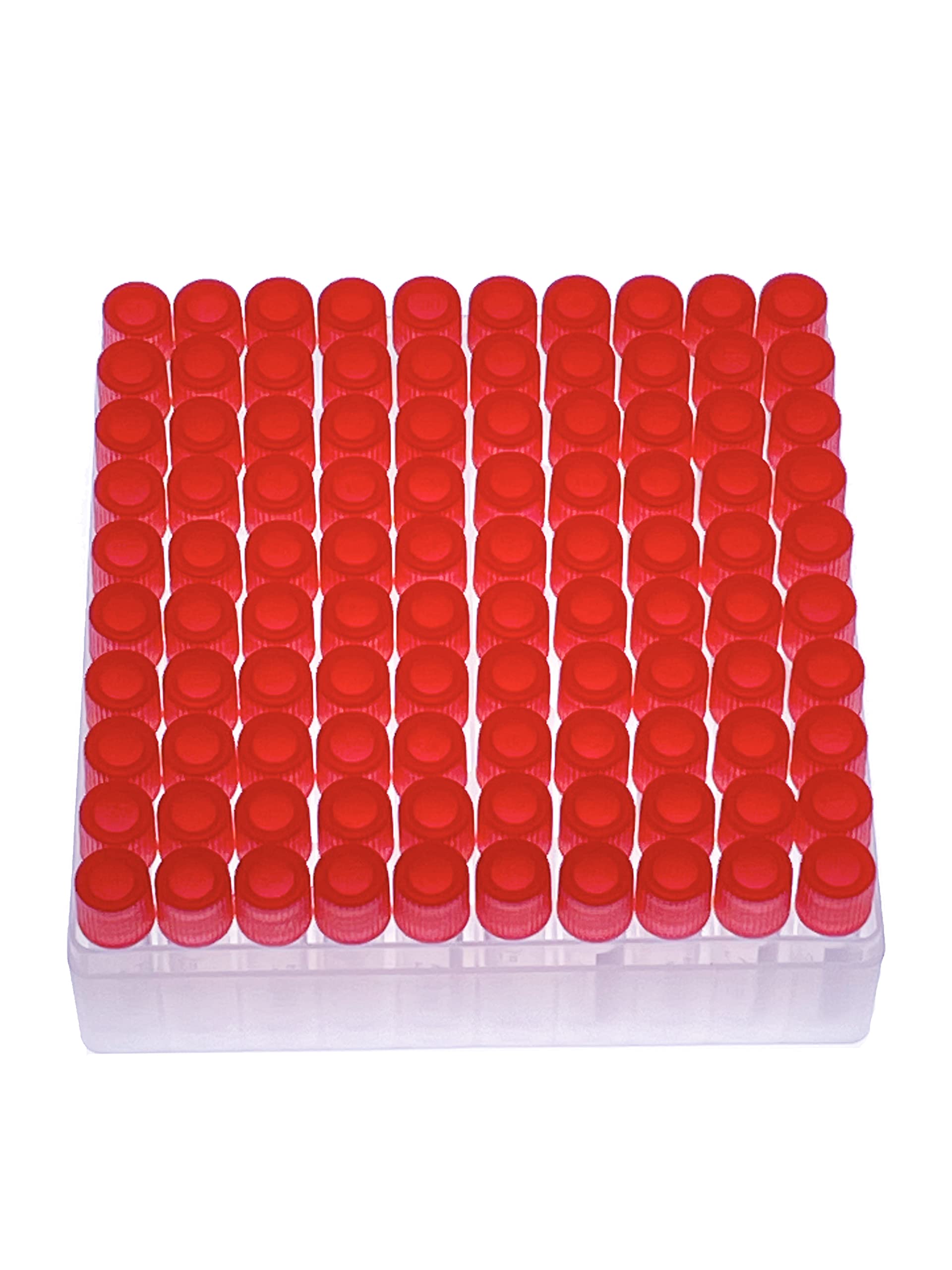 MUHWA 100PCS Cryo Tubes with Rack, 1.8ml Cryvials with Silicone Sealing Ring, PP Sample Tubes with Screw Cap (Cap-Red)