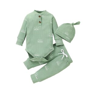 infant baby boy clothes ribbed knitted sun print long sleeve romper tops + pants + hat 3 pcs outfits (3-6 months) light green