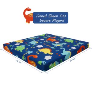 Cloele Square Playard/Playpen Stretch Fitted Sheets Perfect for 36 X 36 Portable Playard Mattresses - Square Pack and Play Crib Sheets - Ultra Soft Polyester Dinosaur Fitted Playpen Sheet for Baby