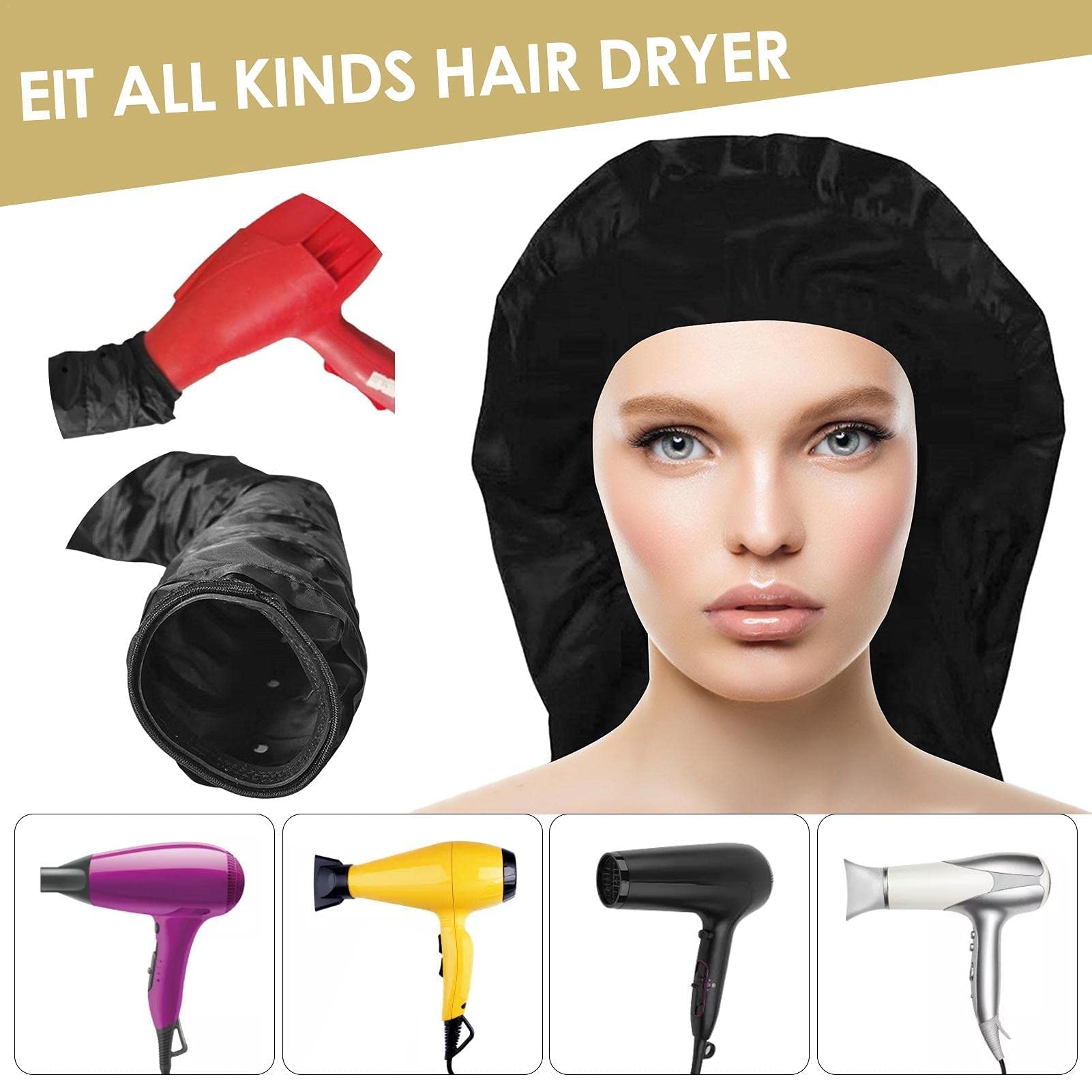 ZJING Soft Bonnet Hood Hairdryer Attachment That Reduces Heat Around Ears and Neck to Enjoy Long Sessions - Used for Hair Styling, Deep Conditioning and Hair Drying (Black)