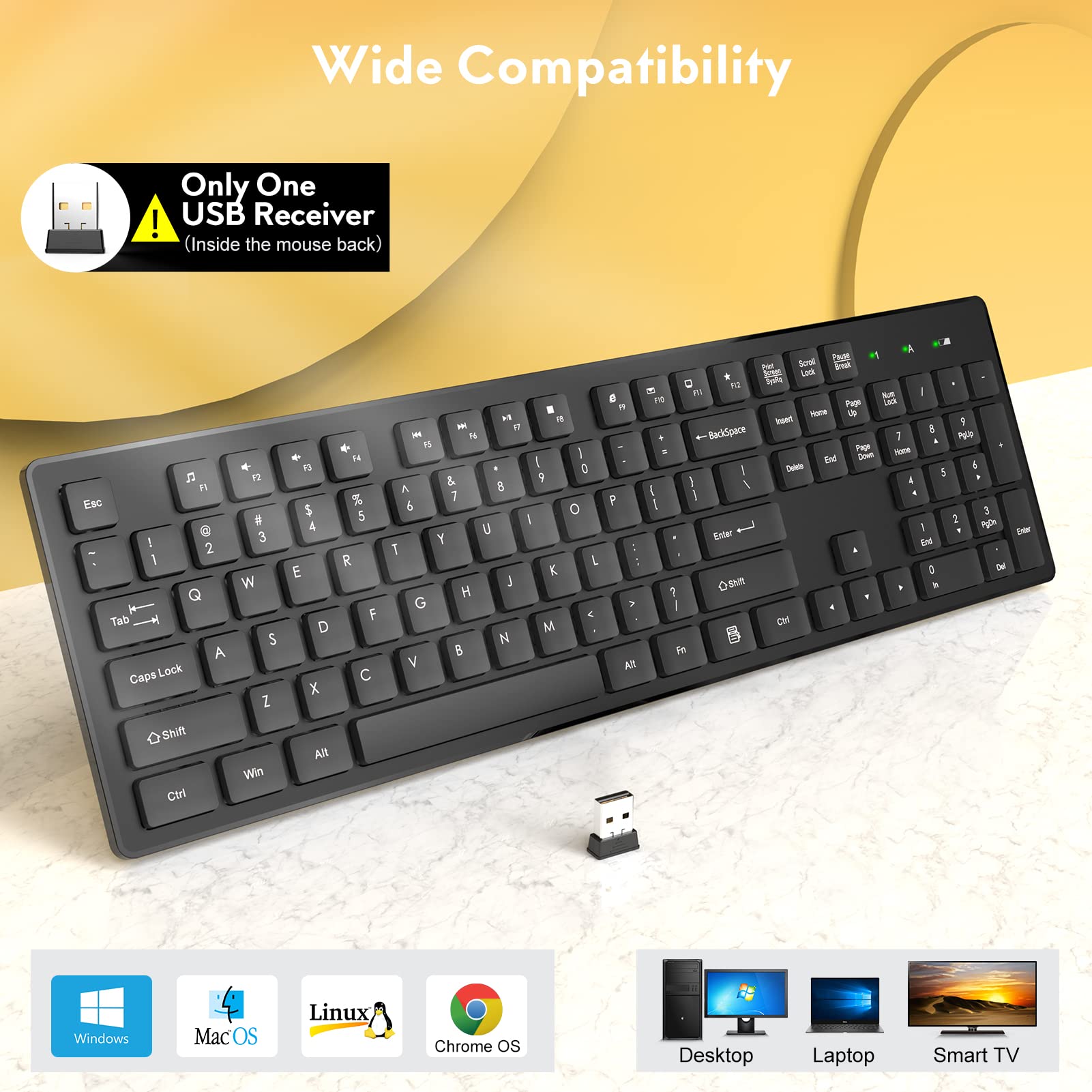 RATEL Office Wireless Keyboard, 2.4G Full-Size Silent Keyboard with Numeric Keypad, Long Battery Life, Lag-Free, Slim USB Cordless Keyboard for PC Laptop Computer Windows (Black)