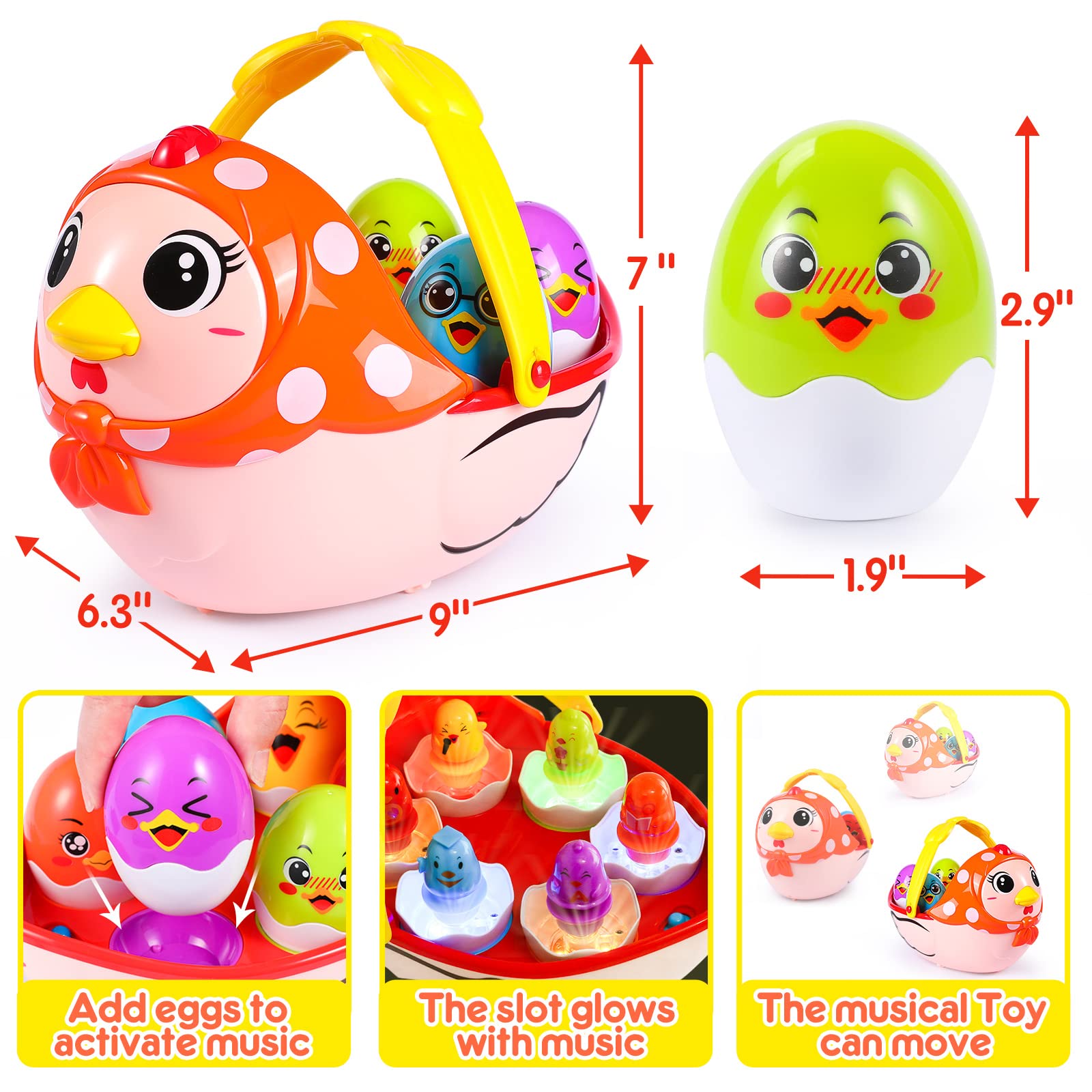 Hekaty Baby Easter Egg Toy Toddler Easter Basket Stuffers for 1 2 3 4 5 Year Old Boy Girl Interactive Chicken Toy Light Easter Gift Party Favor Musical Easter Egg Filler Baby Learning Educational Toy