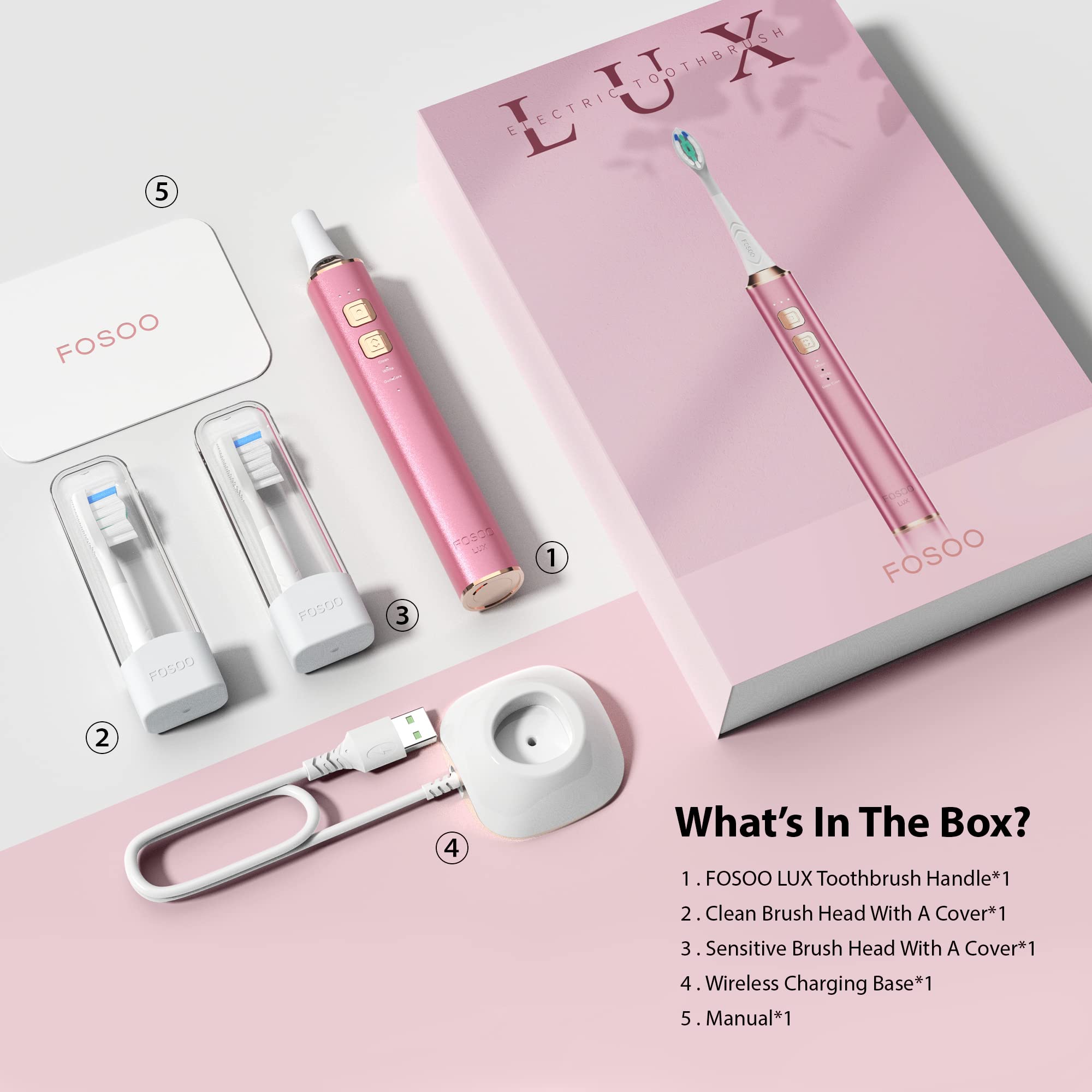 FOSOO Sonic Electric Toothbrushes for Adults, LUX Toothbrushes Electric Rechargeable with 120 Days Battery Life,38000vpm,3 Modes,2 Min Smart Timer,Metal Cover w 5 Colors Optional (Pink)