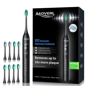 baoveri electric toothbrush with 8 brush heads for adults&kids, ultrasonic electric toothbrushes, 5 modes & 3 intensity levels, 2 minutes smart timer, 4 hours fast charge for 60 days