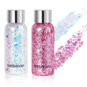 kimieye mermaid sequins body glitter gel set of 2 bottle, long lasting holographic glitter liquid body makeup for women, waterproof face glitter gel total 9 colors available (#9 white - (2 bottle))