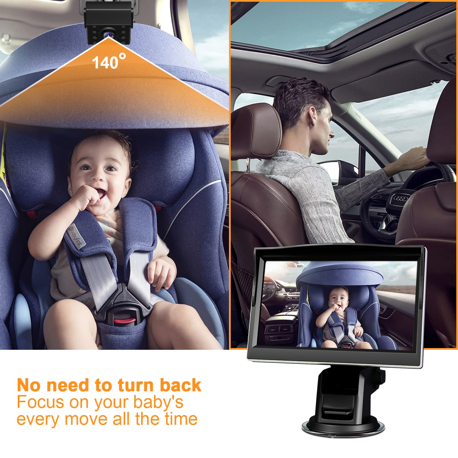 Wlitqukk Baby Car Camera 1080P - Car Seat Mirror for Baby with 5 INCH Camera, Car Camera for Baby, Rear Facing Baby Safety Camera with Monitor, Infrared Lights, Night Vision, 140 Degree Wide View