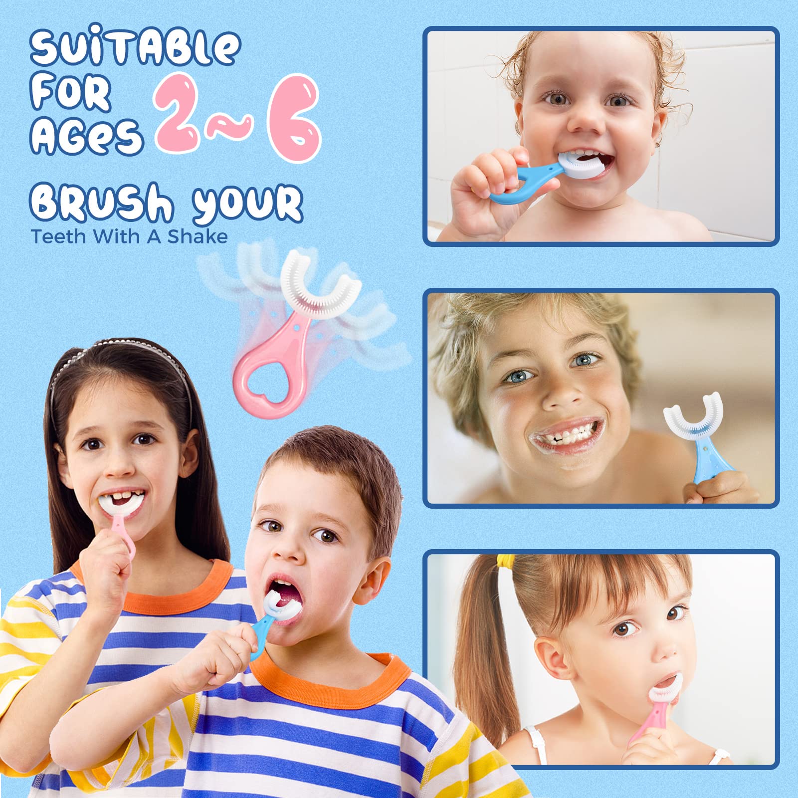 AURUZA Kids U Shaped Toothbrush Food Grade Soft Silicone Brush Head,U-Type 360° Oral Toothbrush Cleaning with Handle Design for Kids（2-6 Years Old）