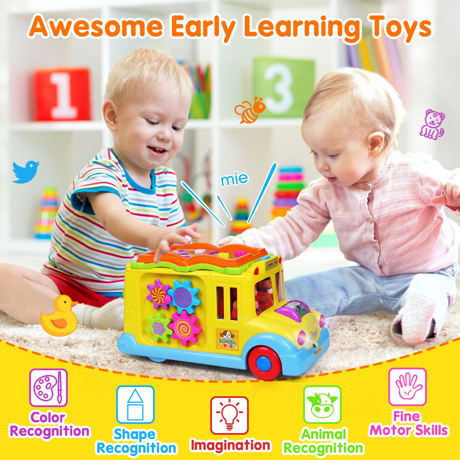 OCATO School Bus Toys for 1 Year Old Boy Girl Gifts, Baby Boy Toys 12-18 Months Musical Toys for Toddlers 1-3, Baby Crawling Learning Toys Infant Birthday Xmas Gifts for 1 2 3 Year Old Boys Girls Kids