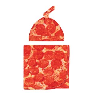 touched by nature unisex baby organic cotton swaddle blanket and headband or cap, pizza, one size