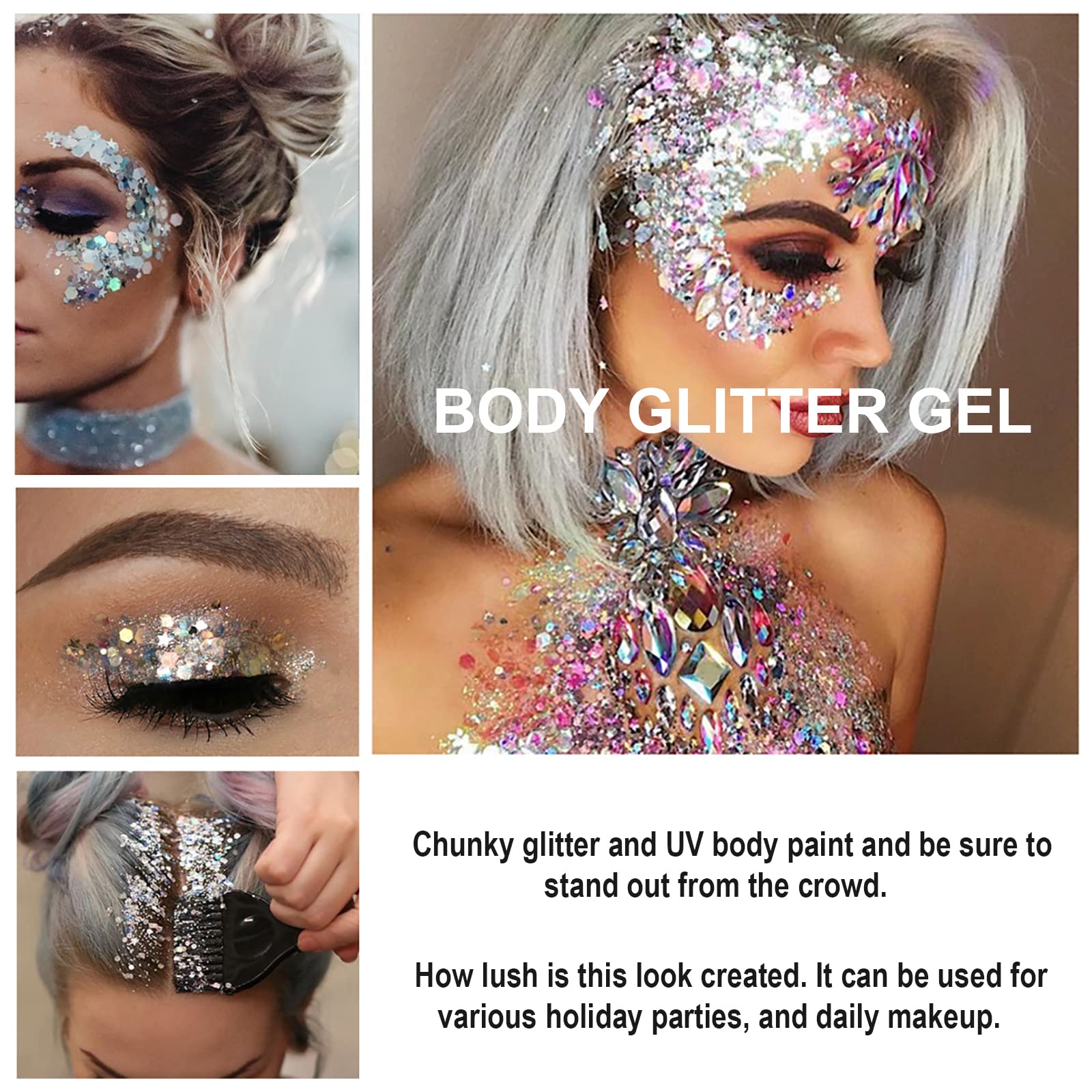 KIMIEYE Mermaid Sequins Body Glitter Gel Set of 2 Bottle, Long Lasting Holographic Glitter Liquid Body Makeup for Women, Waterproof Face Glitter Gel Total 9 Colors Available (#9 White - (2 Bottle))