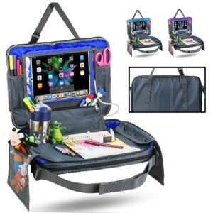 keolakids kids car and booster seat travel tray organizer with detachable top, lap tray, updated headrest straps, zippered storage, tablet holder with charger openings (blue)