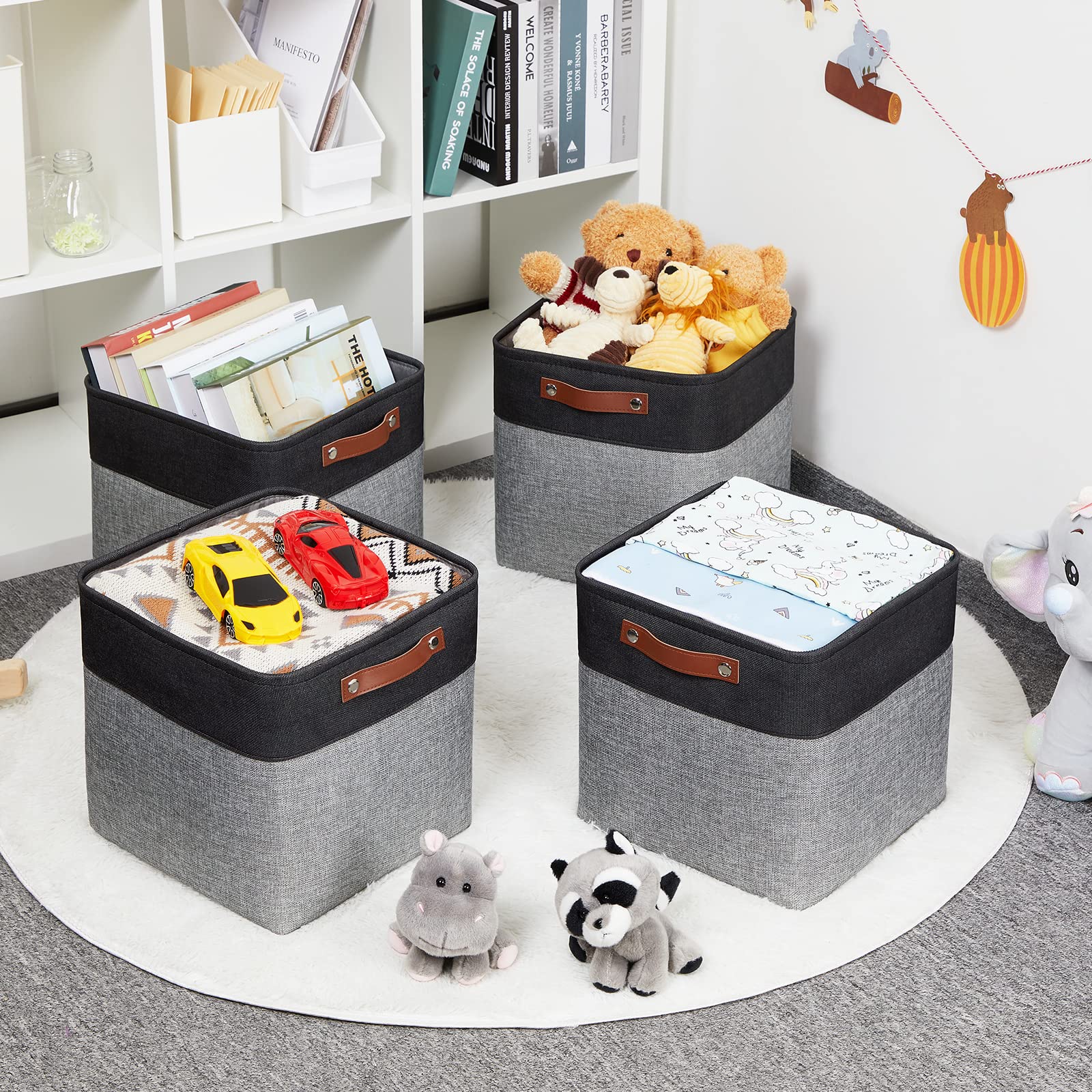 HNZIGE Fabric Cube Storage Baskets Bins Cube Baskets 11x11, Set of 4, Foldable Storage Cube Bin Baskets for Shelves with Handles, Bins for Cube Organizer Home Toy Nursery Closet Bedroom(Black White)