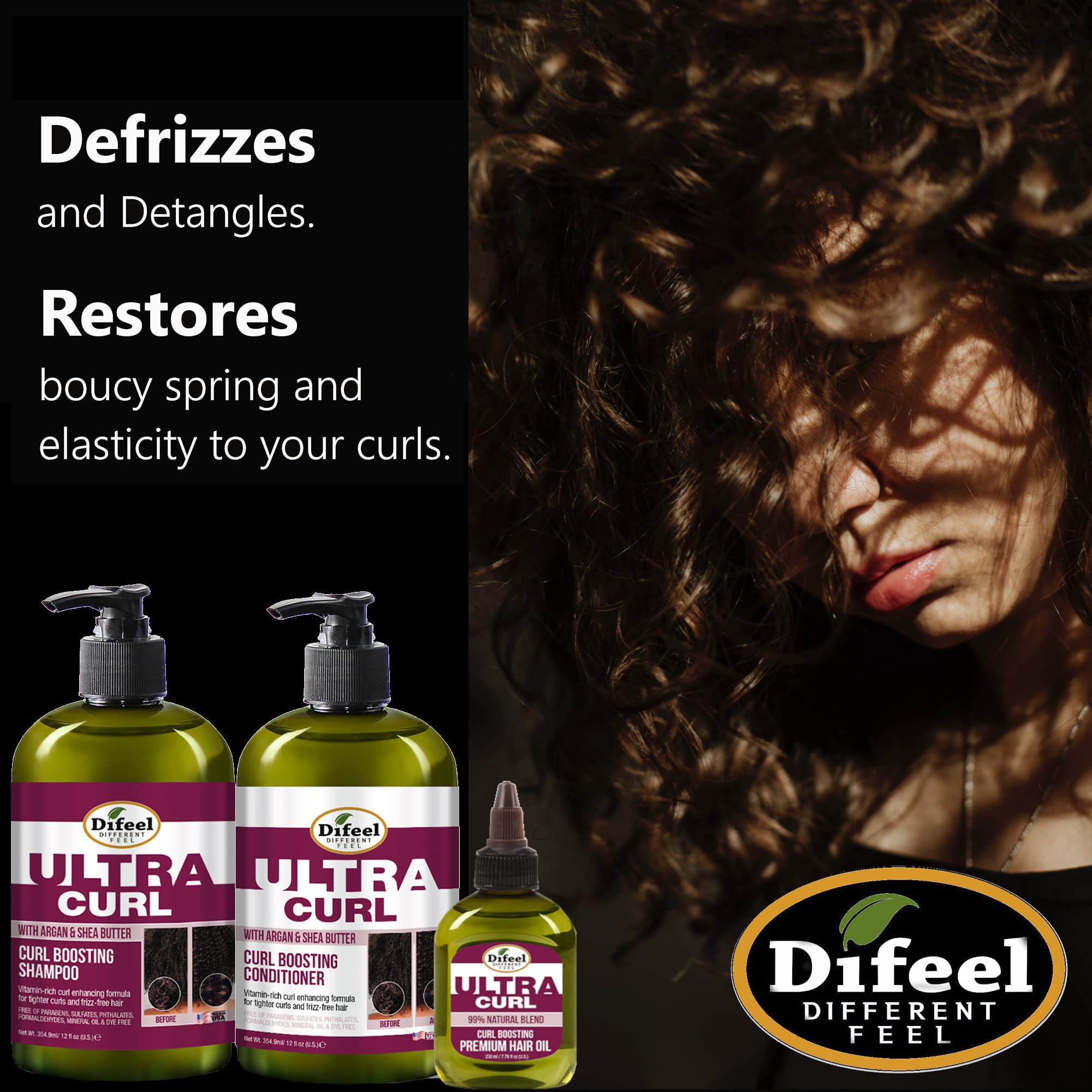 Difeel Ultra Curl 3-PC Curl Boosting Hair Care Set : Ultra Curl Shampoo 12 oz, Conditioner 12 oz and Hair Oil 2.5 oz. Set