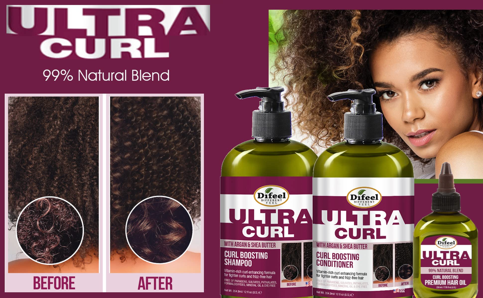 Difeel Ultra Curl 3-PC Curl Boosting Hair Care Set : Ultra Curl Shampoo 12 oz, Conditioner 12 oz and Hair Oil 2.5 oz. Set