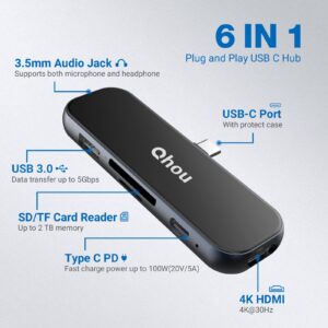 USB C Hub for iPad Pro, Qhou 6 in 1 USB C Adapter for iPad Pro 2021 2020 12.9/11'', iPad Air 5/4 Dongle 4K HDMI, USB 3.0 Port, SD/TF Card Reader, 100W PD Fast Charging, Headphone Jack