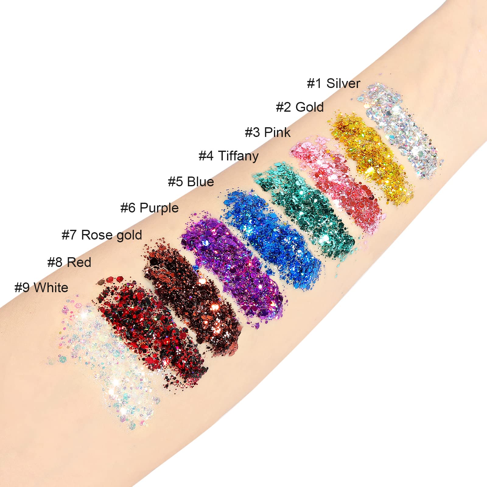 KIMIEYE Mermaid Sequins Body Glitter Gel Set of 2 Bottle, Long Lasting Holographic Glitter Liquid Body Makeup for Women, Waterproof Face Glitter Gel Total 9 Colors Available (#9 White - (2 Bottle))