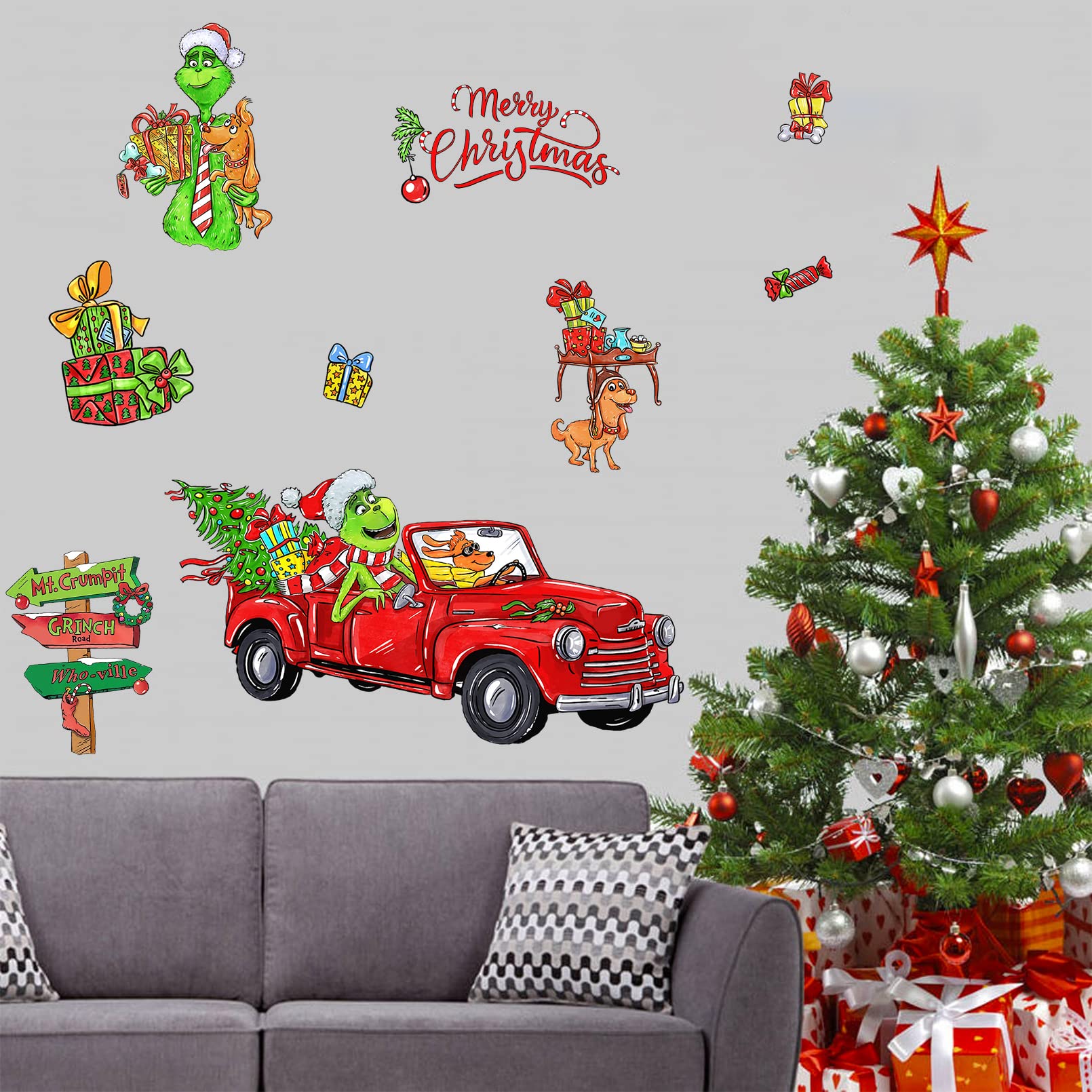 Mfault 2025 New Year Merry Christmas Funny G ri n ch Wall Decals Stickers, Xmas Max Dog Car Farmhouse Decoration Boy Girl Bedroom Art, Winter Holiday Gift Kid Room Home Kitchen Decor