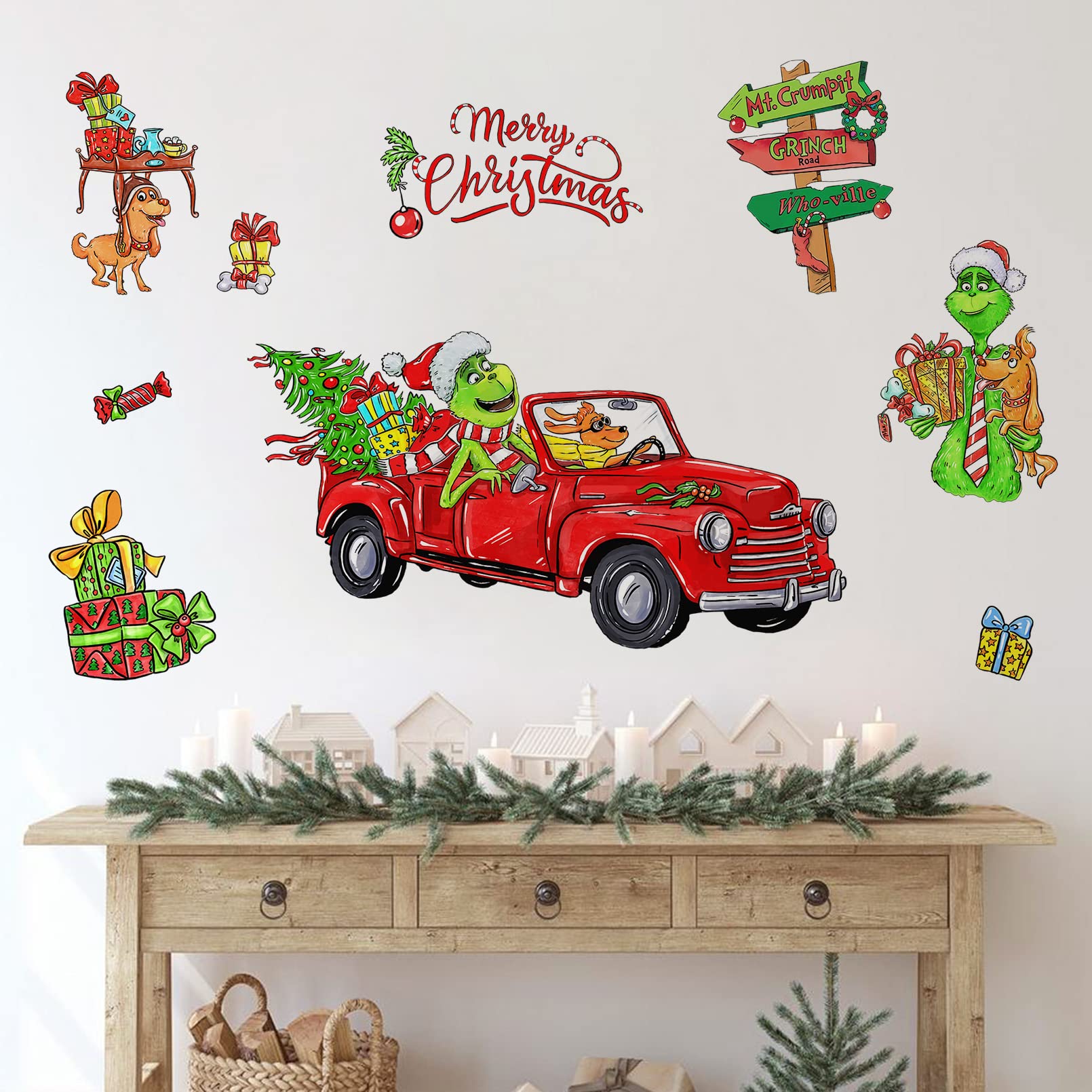 Mfault 2025 New Year Merry Christmas Funny G ri n ch Wall Decals Stickers, Xmas Max Dog Car Farmhouse Decoration Boy Girl Bedroom Art, Winter Holiday Gift Kid Room Home Kitchen Decor