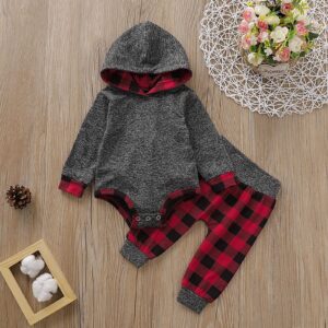 ODASIRA Newborn Baby Boy Clothes Fall Winter Infant Outfits Long Sleeve Hoodie Romper + Red Plaid Pants Set Grey 0-3 Months 70cm