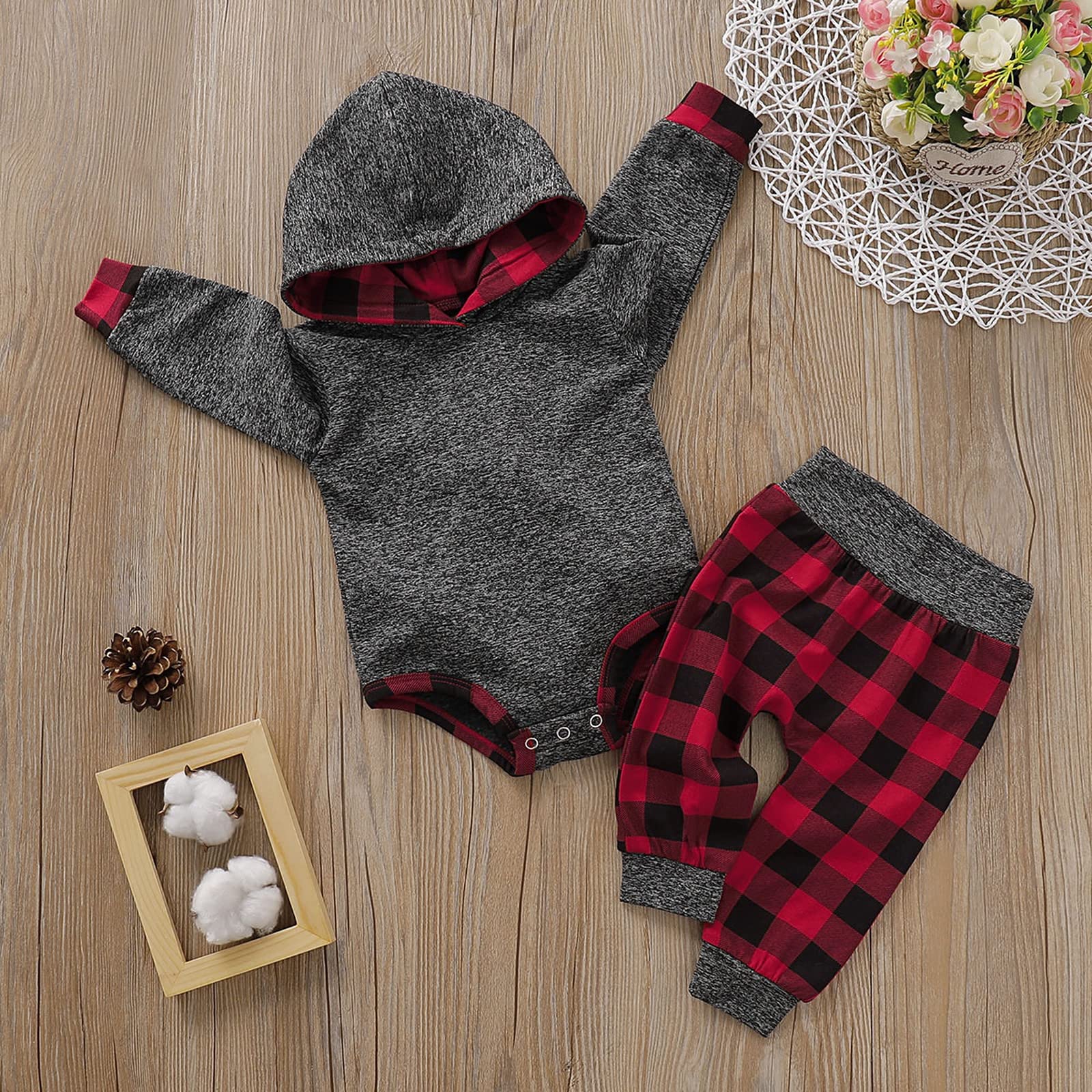 ODASIRA Newborn Baby Boy Clothes Fall Winter Infant Outfits Long Sleeve Hoodie Romper + Red Plaid Pants Set Grey 0-3 Months 70cm