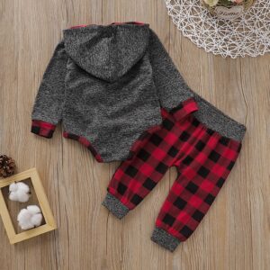 ODASIRA Newborn Baby Boy Clothes Fall Winter Infant Outfits Long Sleeve Hoodie Romper + Red Plaid Pants Set Grey 0-3 Months 70cm