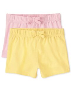 the children's place baby toddler girls pull on everyday shorts, tie front pink/yellow 2-pack, 2t