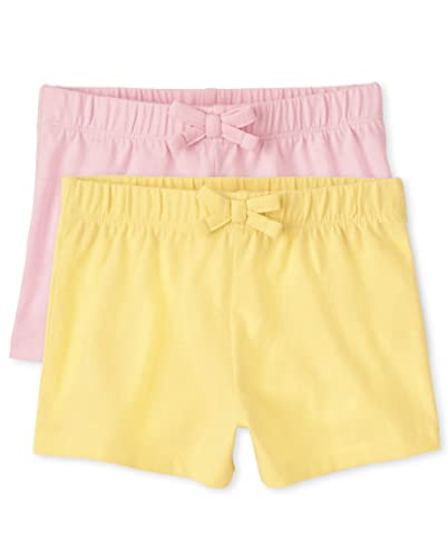 The Children's Place Baby Toddler Girls Pull on Everyday Shorts, Tie Front Pink/Yellow 2-Pack, 2T