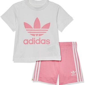 adidas Originals baby boys Trefoil Shorts Tee Set infant and toddler track jacket, White/Bliss Pink, 18 Months US