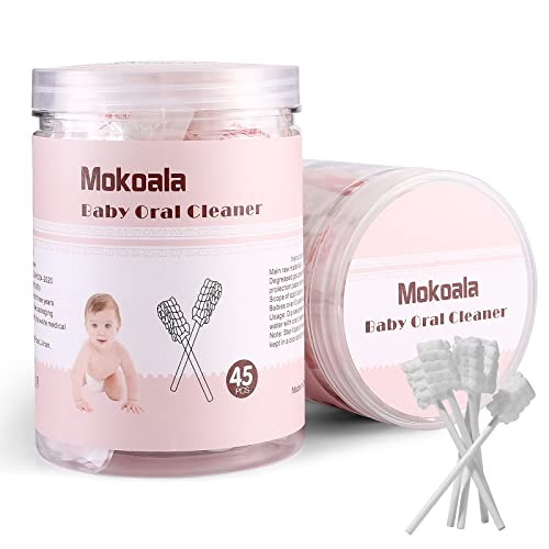 Mokoala 45 Pack Baby Tongue Cleaner, Baby Toothbrush, Disposable Infant Gums Cleaner, Soft Gauze Toohthbrush Newborn Oral Cleaning Stick Dental Care for 0-36 Month Baby+ 1Pcs Finger Toothbrush