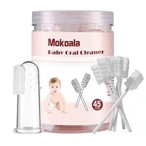 mokoala 45 pack baby tongue cleaner, baby toothbrush, disposable infant gums cleaner, soft gauze toohthbrush newborn oral cleaning stick dental care for 0-36 month baby+ 1pcs finger toothbrush