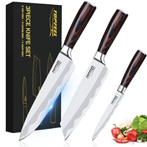 professional chef knife set high carbon stainless steel sharp kitchen knife set 3 pcs, japanese cooking knife with sheath, knives set for kitchen with ergonomic wood handle and gift box