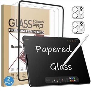 esanik [2+2 pack like paper glass screen protector for ipad pro 12.9 2022 6th & 2021 5th & 2020 4th with camera lens protector & alignment frame, 9h tempered glass papered film for drawing writing