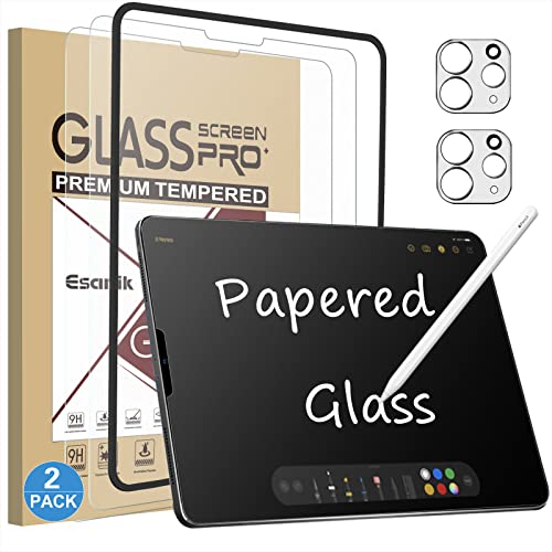 Esanik [2+2 Pack Like Paper Glass Screen Protector for iPad Pro 12.9 2022 6th & 2021 5th & 2020 4th with Camera Lens Protector & Alignment Frame, 9H Tempered Glass PAPERed Film for Drawing Writing