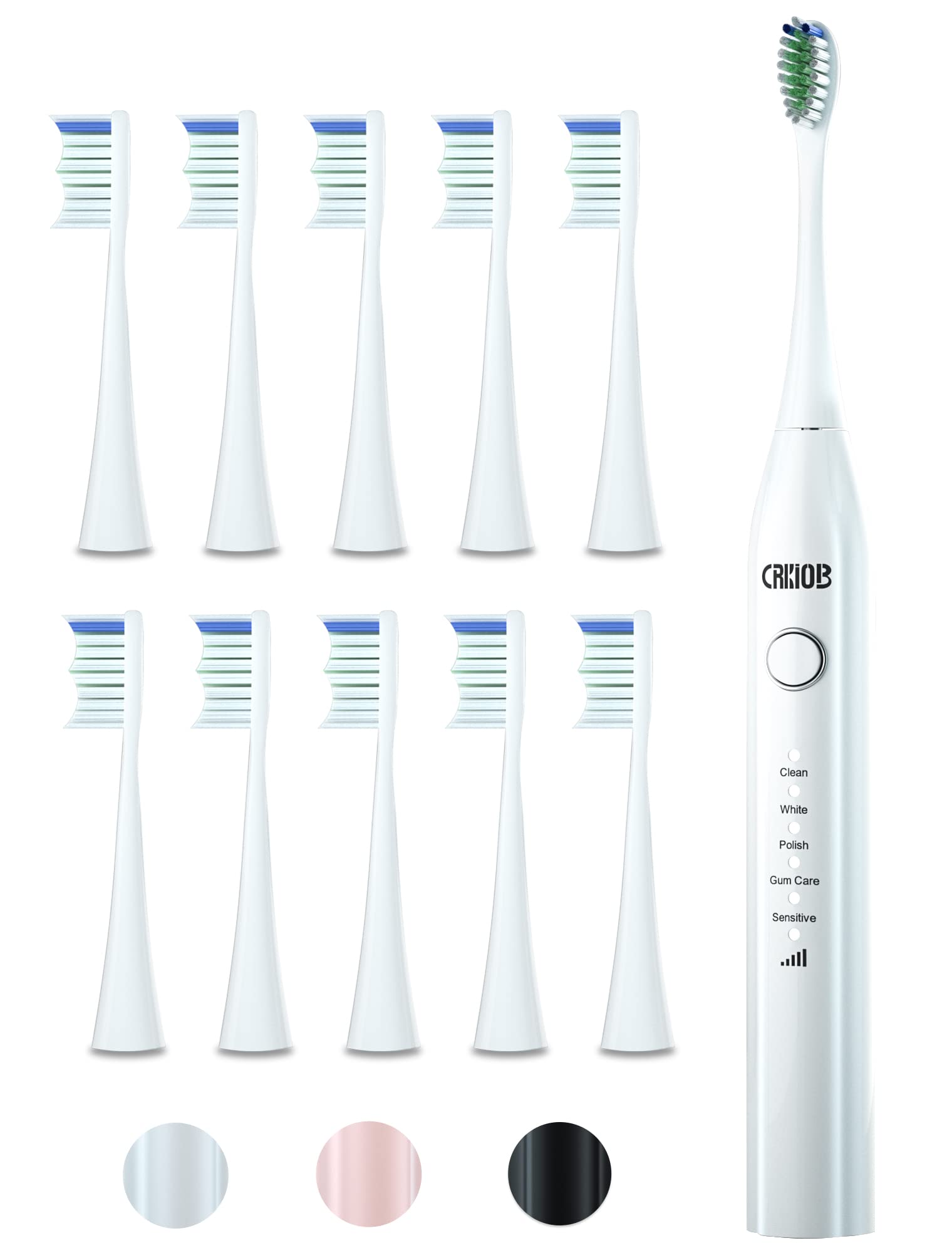 CRKIOB Electric Toothbrush with 10 Brush Heads for Adults and Kids,5 Modes,3 Speeds/Mode,2 Minutes Built in Smart Timer,Sonic Toothbrush,Kids toothbrushes(White)