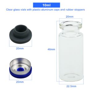 10 ml Clear Glass Vials, 110 Pcs Glass Headspace Vial with Plastic Aluminum Flip Caps and Rubber Stoppers 20mm Transparent Flat Bottom Lab Sample Vial